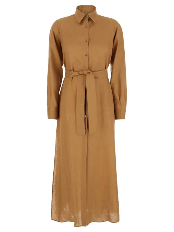 PLAIN Linen Shirt Dress With Belt - Beige