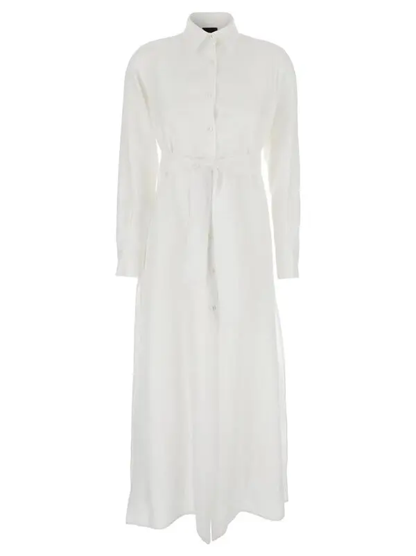 PLAIN Linen Shirtdress With Belt - White