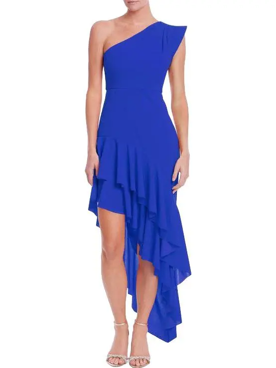 Badgley Mischka Ruffle One-shoulder Cocktail Dress - Cobalt