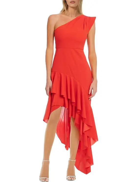 Badgley Mischka Ruffle One-shoulder Cocktail Dress - Orange Coral