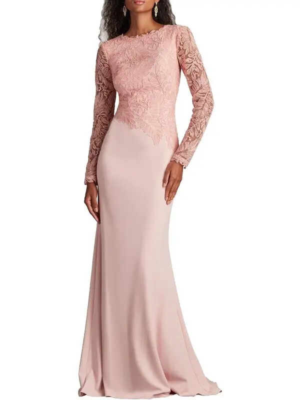 Tadashi Shoji Embroidered Leaf Print Gown - Adobe Blush