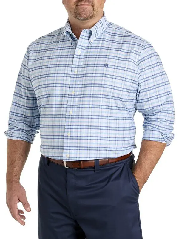 B+T ESSENTIALS FIT BY DXL Big & Tall Non-iron Plaid Oxford Sport Shirt - Hydrangea Navy