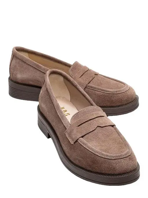 FOREVER & ALWAYS SHOES Bree Platform Leather Loafer - Taupe Suede Leather