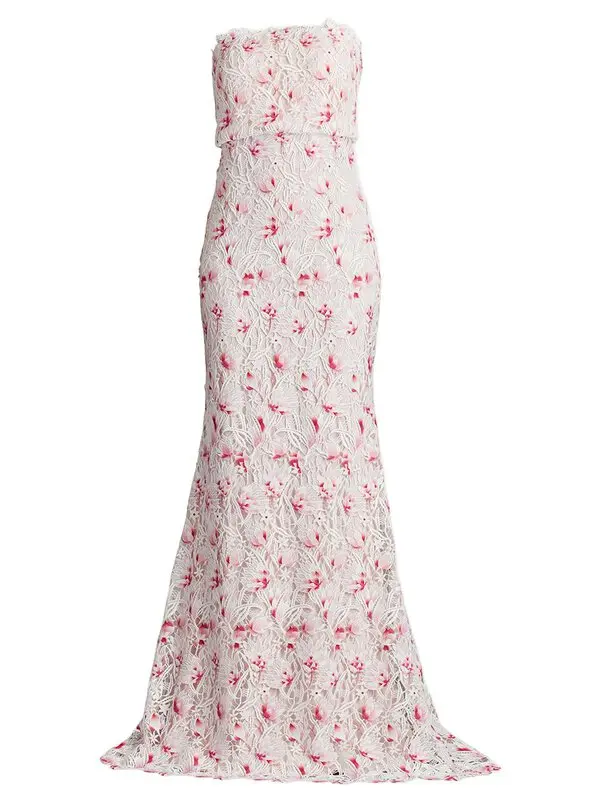 Tadashi Shoji Strapless Floral Lace Gown - White Wild Flower
