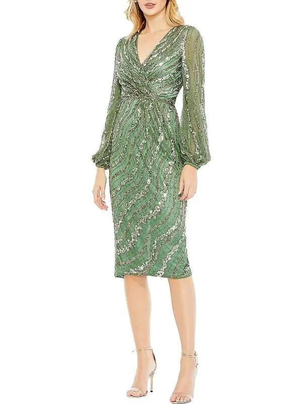 Mac Duggal Embellished Long Sleeve Midi Dress - Sage