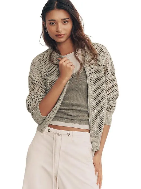 PILCRO Stitchy Bomber Cardigan Sweater - Powdered Sage