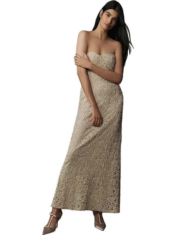 Mac Duggal Strapless Embellished Trumpet Maxi Dress - Beige