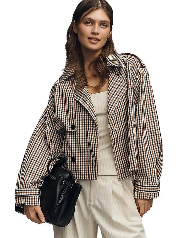Maeve Crop Trench Coat Jacket - Tan Multi Plaid
