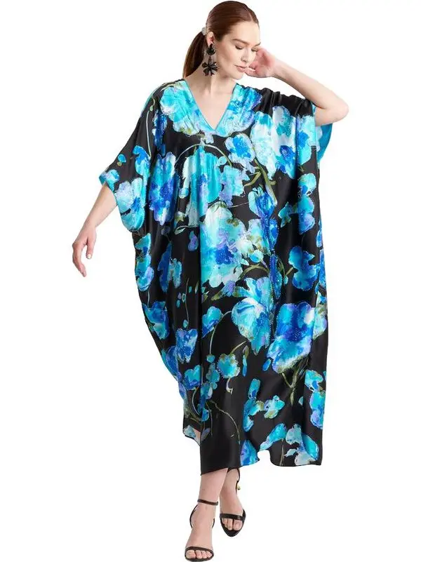 Natori Sakura Matsuri Beaded Cocoon Silk Caftan - Black
