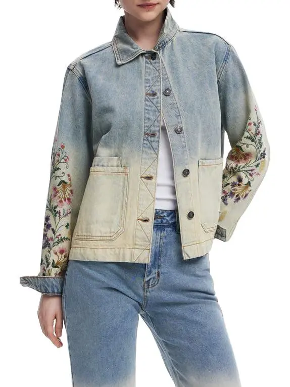 Desigual Floral Embroidered Denim Jacket - Light Blue