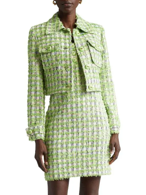 St. John Plaid Eyelash Tweed Crop Jacket - Cactus/ Ivory Multi