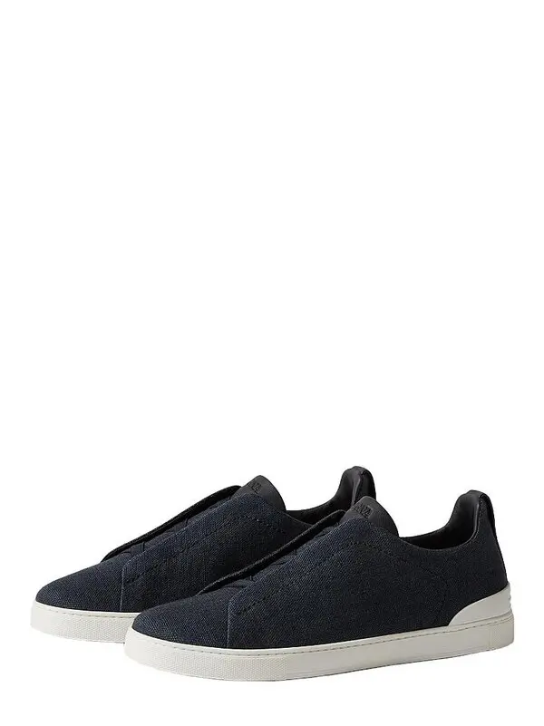 Zegna Cotton Linen & Leather Triple Stitch Sneakers - Navy Blue