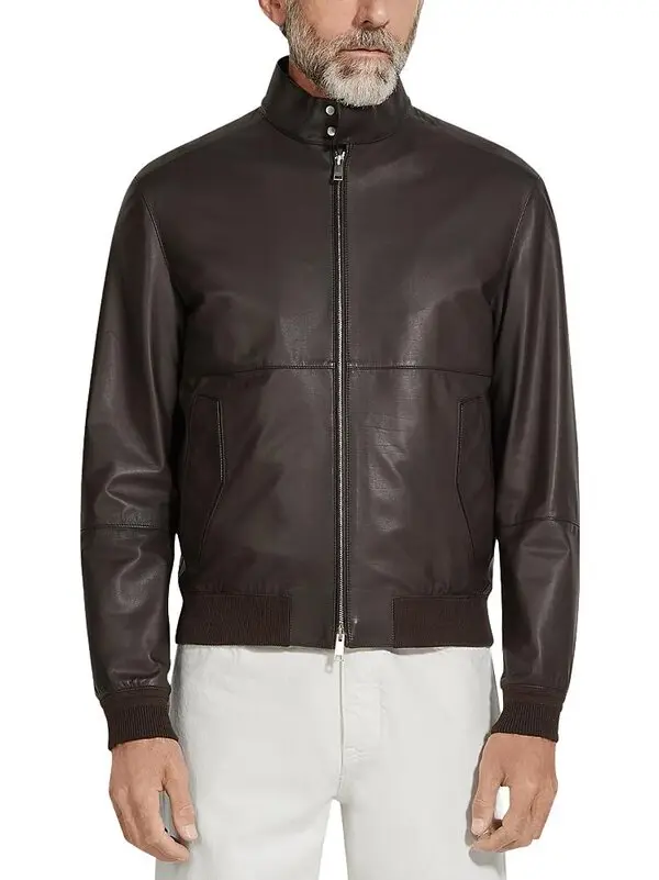 Zegna Nappa Leather Bomber Jacket - Dark Brown