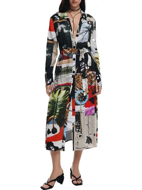 Desigual Belted Maxi Shirt Dress - White Multi