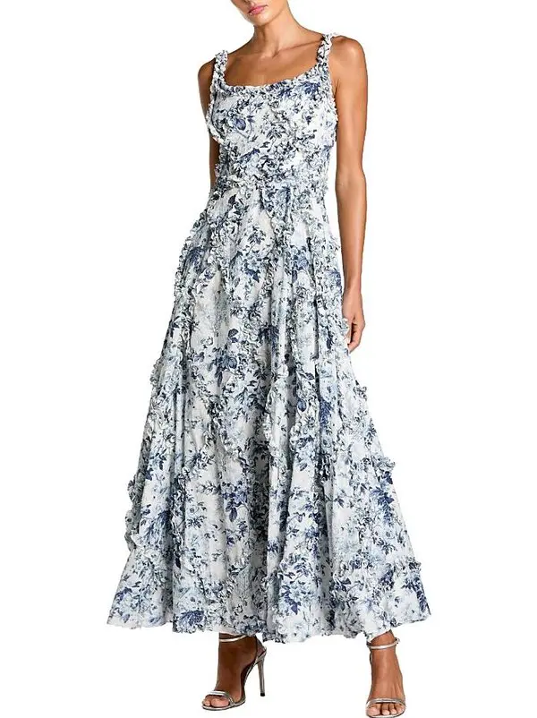 Mac Duggal Ruffle Floral Sweetheart Neck Gown - Blue Multi