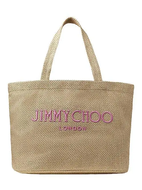 JIMMY CHOO Logo-embroidered Raffia Beach Tote Bag - Gld/fuchsia/lightgld