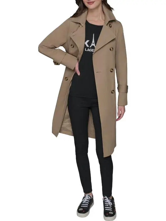Karl Lagerfeld Paris Water Resistant Cotton Blend Trench Coat - Khaki
