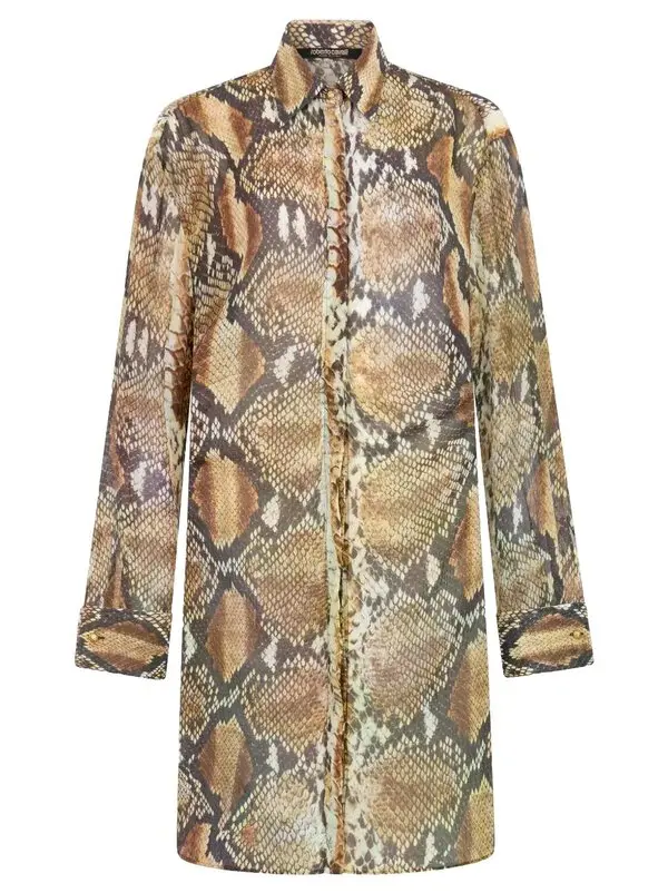 Roberto Cavalli Snakeskin-print Cotton Shirt Dress - Brown