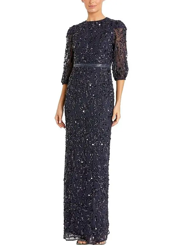 Mac Duggal Sequined Elbow Sleeve Gown - Midnight