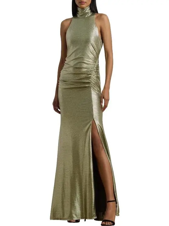 Ralph Lauren Metallic Sleeveless Gown - Olive Grove/ Gold Foil