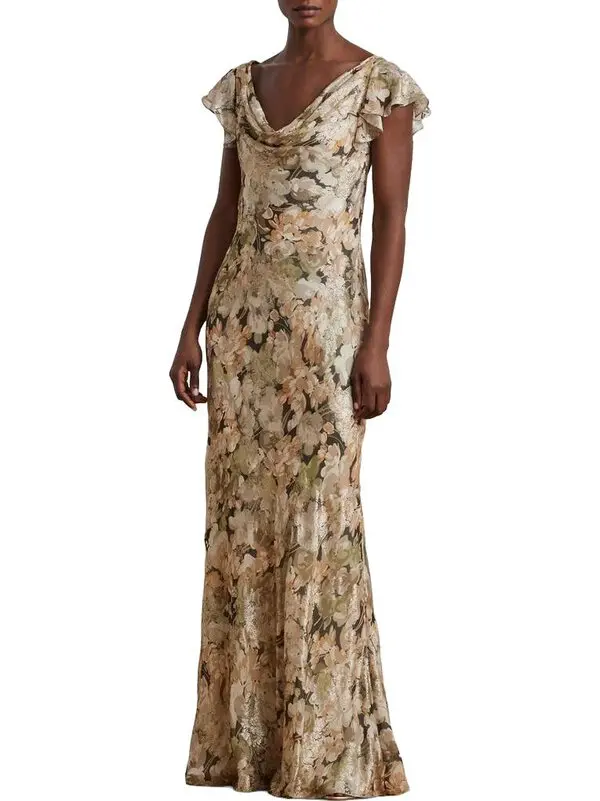 Ralph Lauren Metallic Floral Jacquard Gown - Green Multi