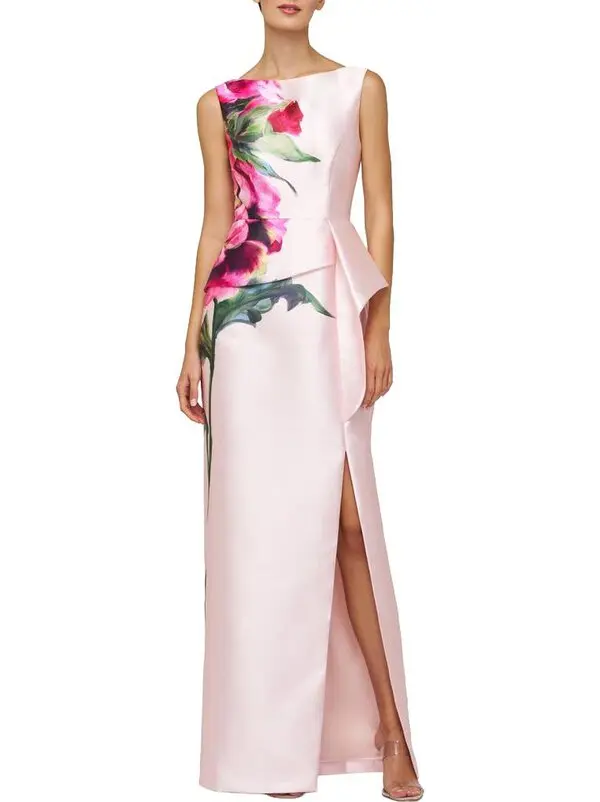 KAY UNGER Luciana Placed Floral Column Gown - Blush