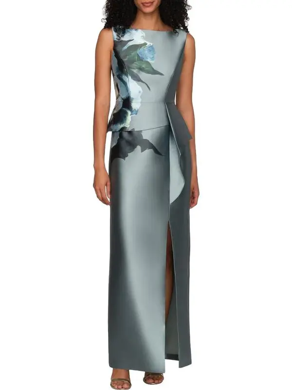 KAY UNGER Luciana Placed Floral Column Gown - Iceberg