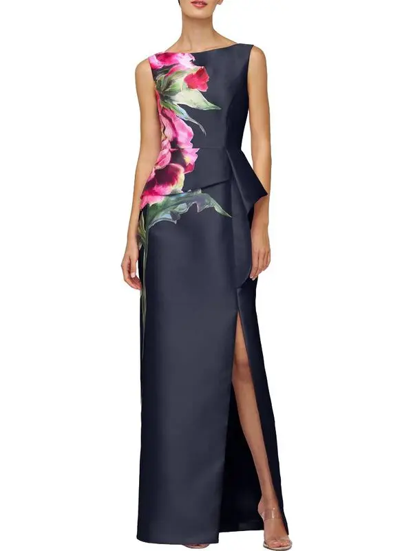 KAY UNGER Luciana Placed Floral Column Gown - Midnight Blue