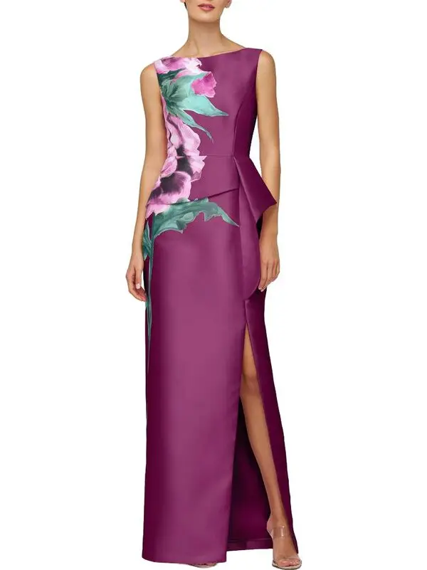 KAY UNGER Luciana Placed Floral Column Gown - Mulberry