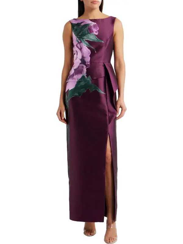 KAY UNGER Luciana Placed Floral Column Gown - Mulberry