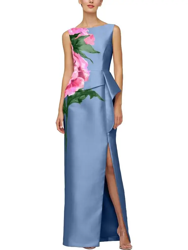 KAY UNGER Luciana Placed Floral Column Gown - Pearl Blue Multi