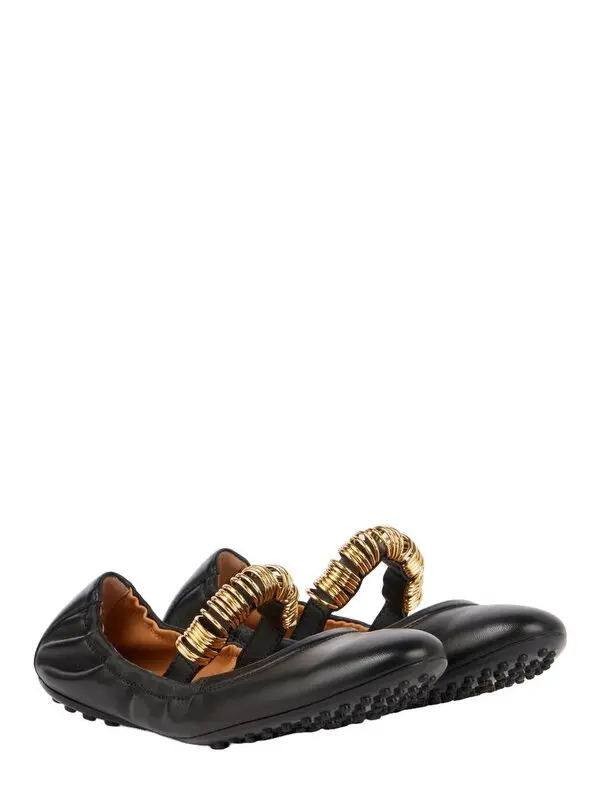 TOD'S Embellished Leather Mary Jane Flats - Black