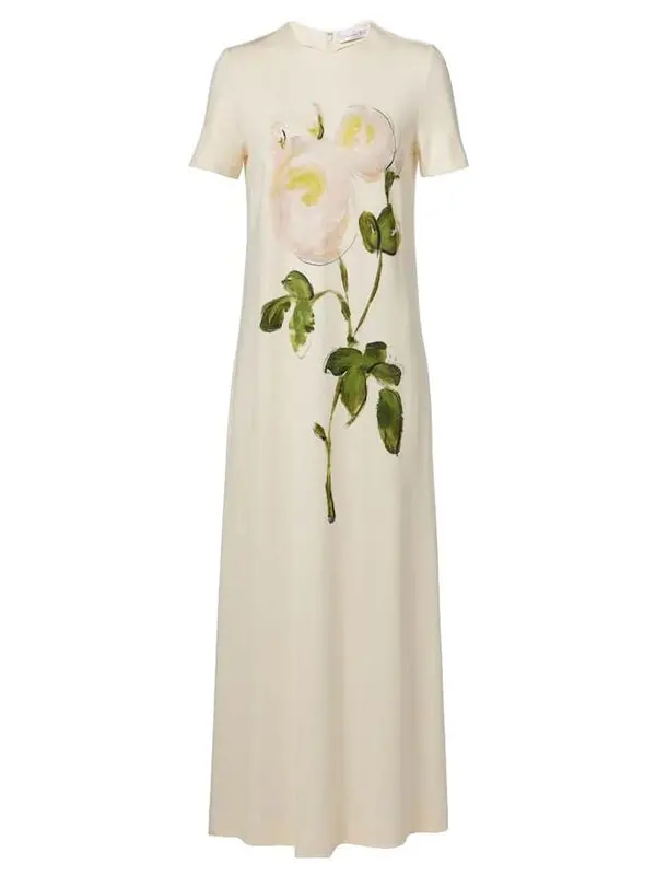 Oscar De La Renta Painted Roses Jersey Maxi Dress - White