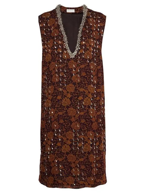 Dries Van Noten Floral Embellished Georgette Midi Dress - Brown