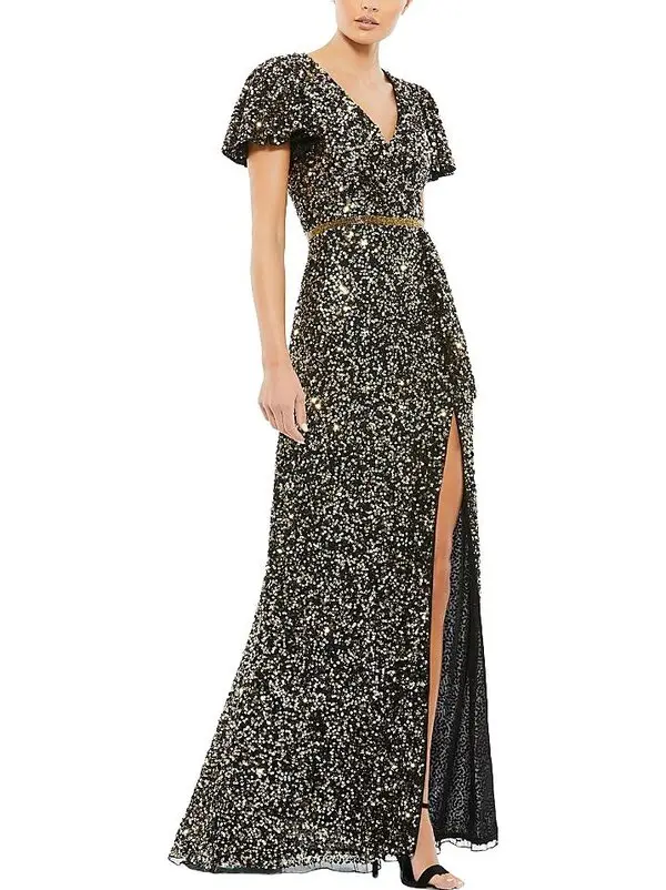 Mac Duggal Sequined Butterfly Sleeve Gown - Black Gold