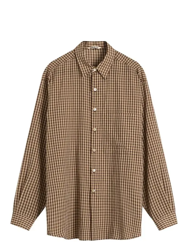 Auralee Airy Light Cotton Check Big Shirt - Brown Gingham Check
