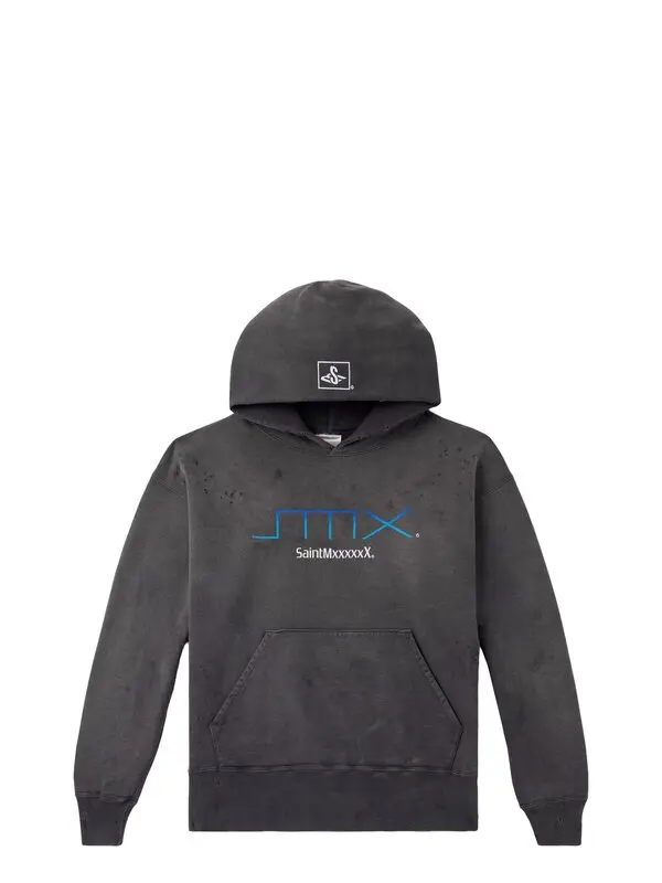 SAINT MXXXXXX Smx6 Distressed Logo-print Hoodie - Black
