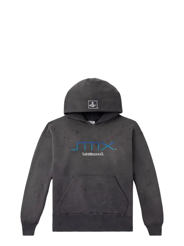 SAINT MXXXXXX Distressed Logo-print Cotton-jersey Hoodie - Black