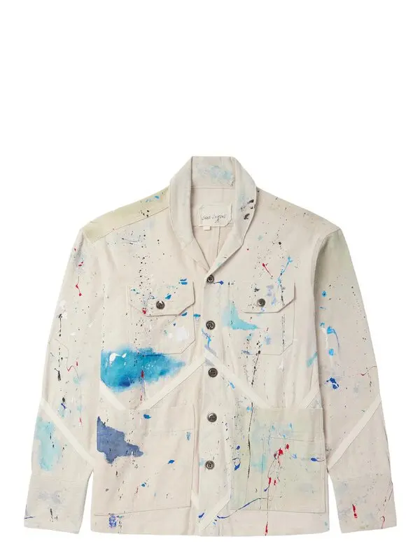 GREG LAUREN Shawl-collar Paint-splattered Cotton-canvas Overshirt - Neutrals