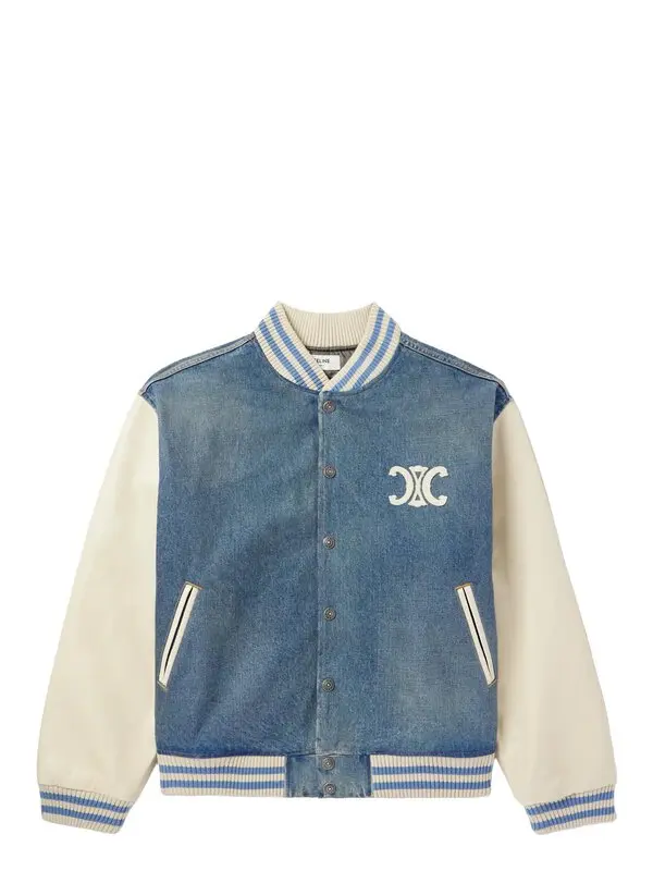 Celine Teddy Logo-appliquéd Leather-trimmed Denim Bomber Jacket - Blue
