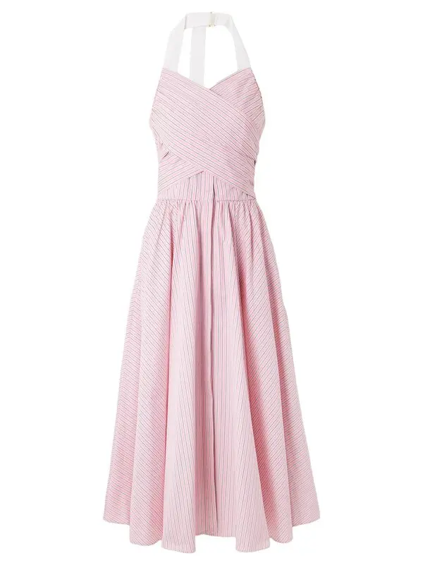 Patou Draped Striped Cotton-poplin Halterneck Midi Dress - Pink