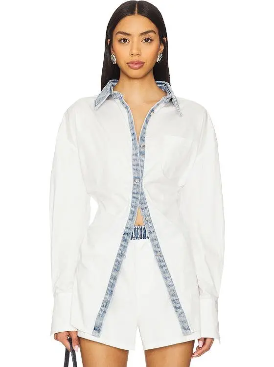 SEROYA Oversized Shirt With Denim Trim - White