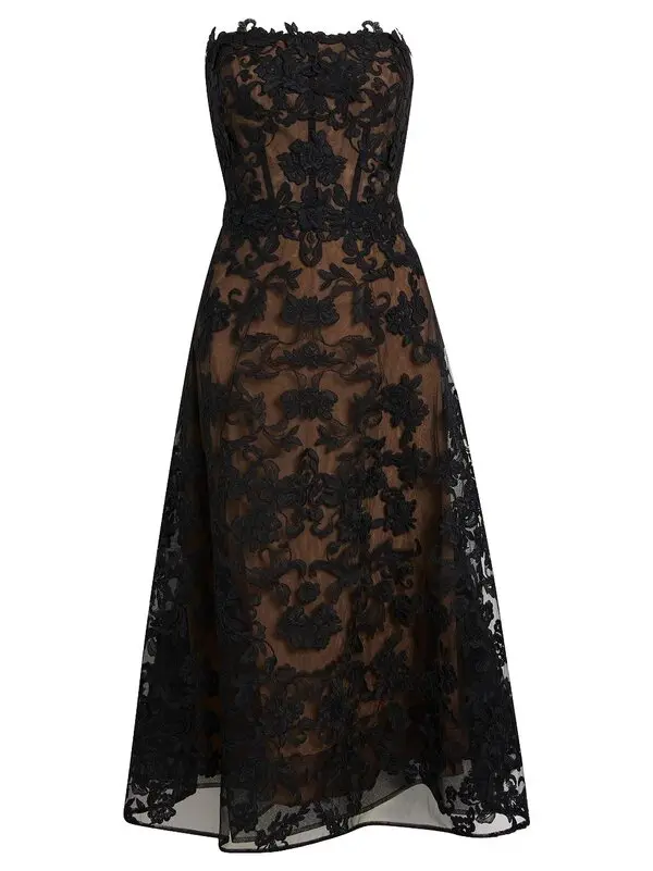 Marchesa Strapless Corded Lace Midi Dress - Black