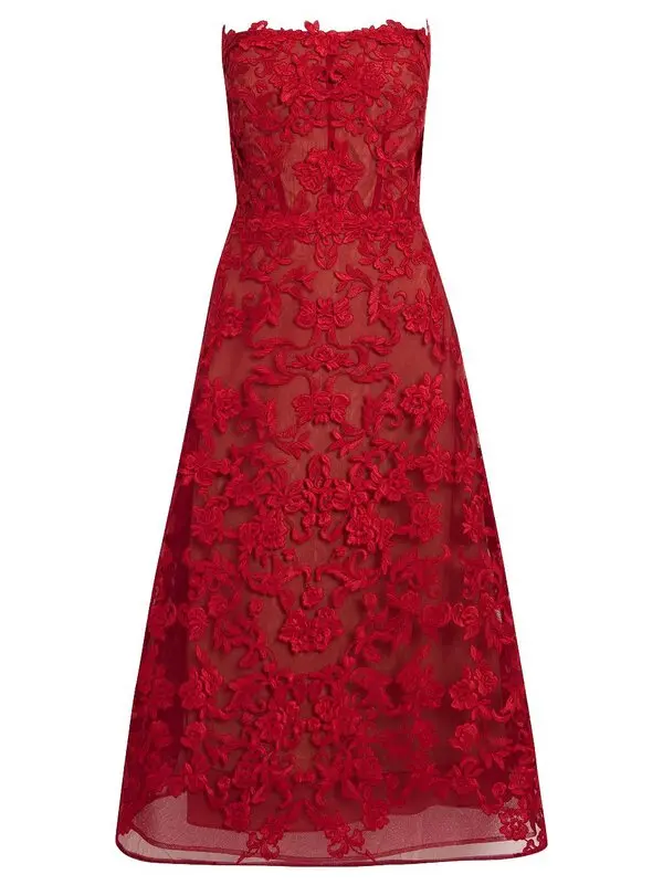 Marchesa Strapless Corded Lace Midi Dress - Red