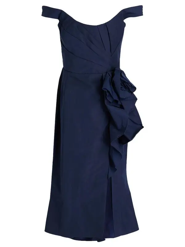 Marchesa Off-the-shoulder Floral-appliquéd Taffeta Midi Dress - Navy