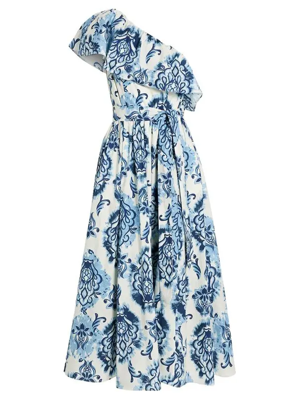 MIKAEL AGHAL One-shoulder Printed Cotton-poplin Midi Dress - Light Blue