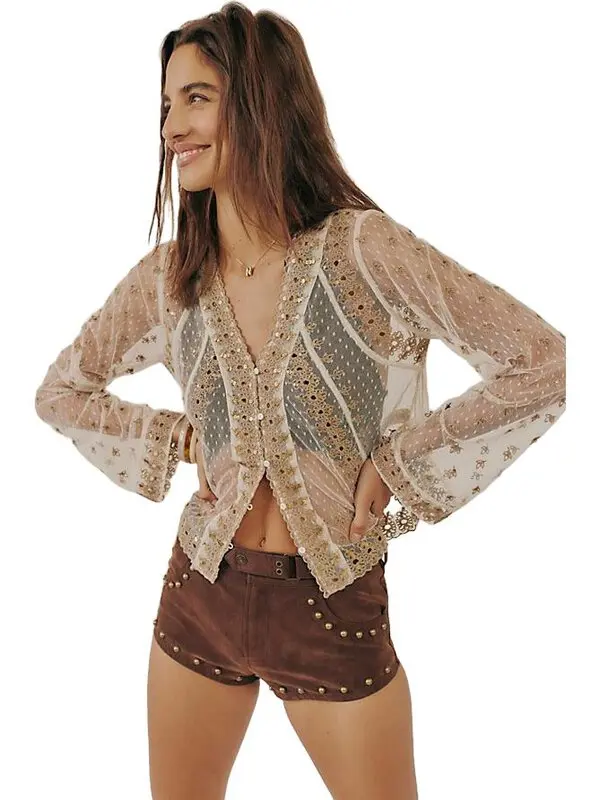 Free People Declan Sequin Shirt - Sea Pearl Combo