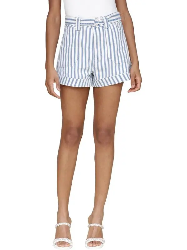 Avec Les Filles Stripe Belted Cuffed Cotton-blend Shorts - Blue/white Stripe