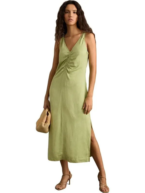 REISS Petite Ruched Sleeveless Linen Midi Dress - Green