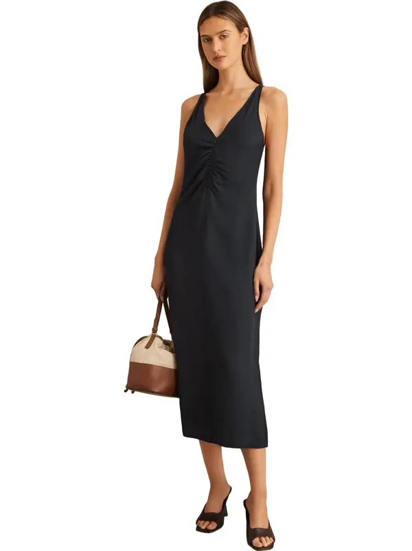 REISS Petite Ruched Sleeveless Linen Midi Dress - Navy